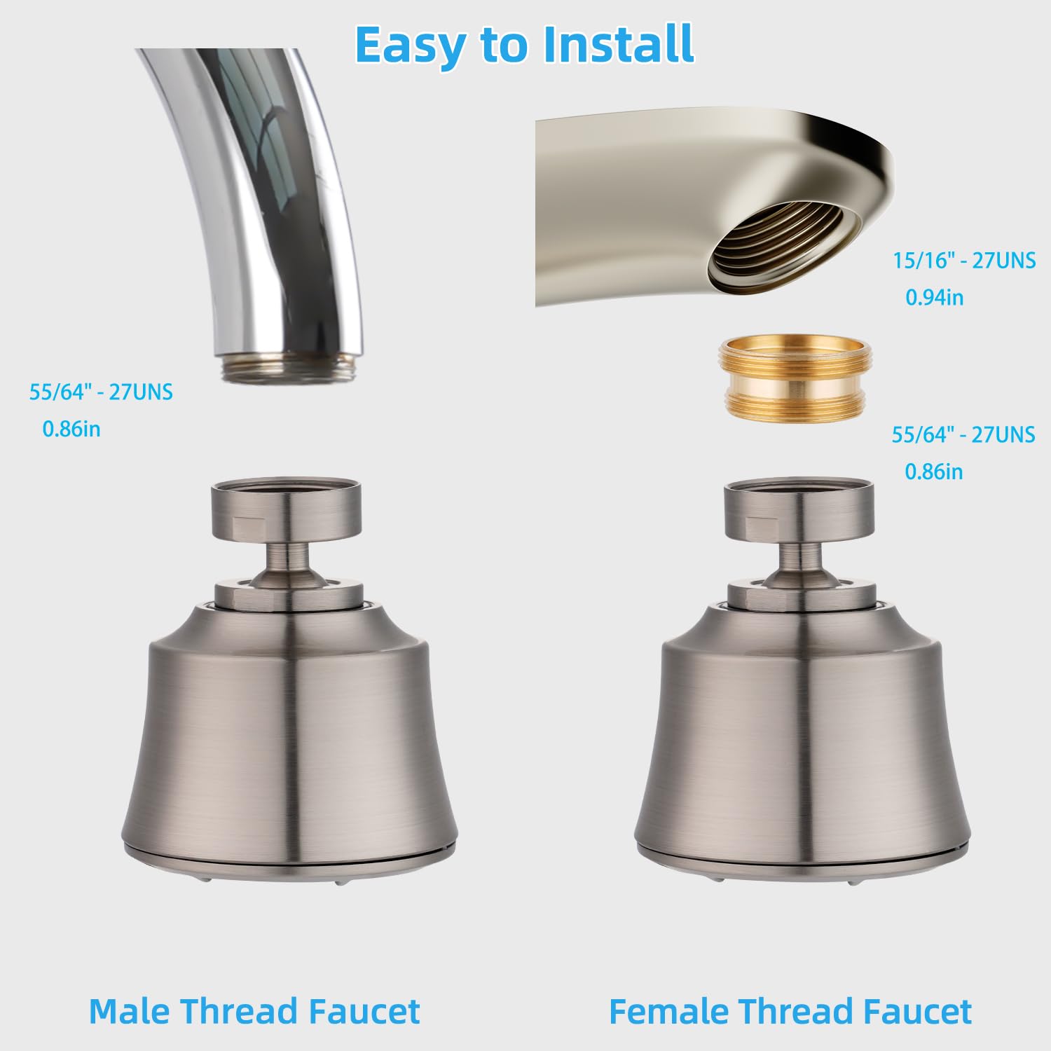 iFealClear Sink Faucet Aerator, Big Angle Swivel Faucet Sprayer Head, 360 Degree Kitchen Sink Faucet with 4 Spray Modes, Female and Male Thread Adapter Included, Brushed Nickel