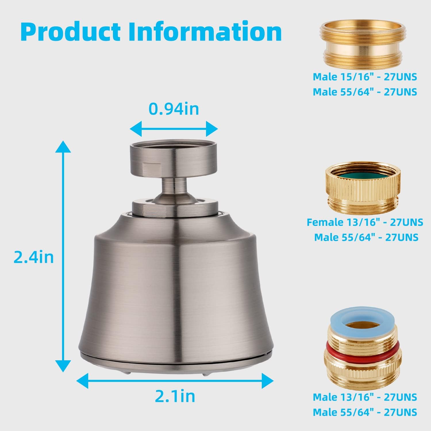 iFealClear Sink Faucet Aerator, Big Angle Swivel Faucet Sprayer Head, 360 Degree Kitchen Sink Faucet with 4 Spray Modes, Female and Male Thread Adapter Included, Brushed Nickel