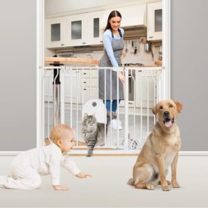 Baby Gates with Cat Door - Auto Close 29.5"-48.4" Safety Metal Dog Pet Gate for Doorway, Stairs, House, Walk Through Child Gate with Pet Door, Includes 4 Wall Cups and 2 Extension Pieces