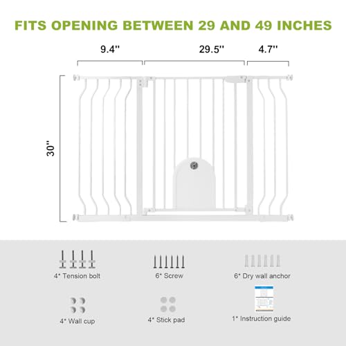 Baby Gates with Cat Door - Auto Close 29.5"-48.4" Safety Metal Dog Pet Gate for Doorway, Stairs, House, Walk Through Child Gate with Pet Door, Includes 4 Wall Cups and 2 Extension Pieces