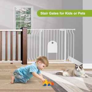 Baby Gates with Cat Door - Auto Close 29.5"-48.4" Safety Metal Dog Pet Gate for Doorway, Stairs, House, Walk Through Child Gate with Pet Door, Includes 4 Wall Cups and 2 Extension Pieces