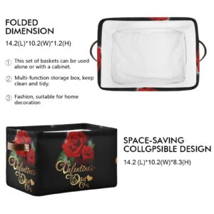 ALAZA Valentine's Day Rose Floral Black Foldable Storage Box Storage Basket Organizer Bins with Handles for Shelf Closet Living Room Bedroom Home Office 2 Pack