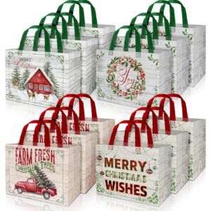 Whaline 16 Pack Christmas Non-Woven Bags Rustic Wood Grain Truck Tree Pattern Reusable Tote Gift Bag Merry Christmas Shopping Totes with Handles for Xmas Holiday Party Favor Supplies, 4 Designs