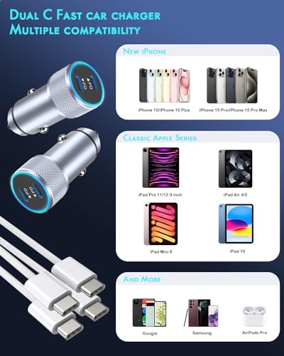 iPhone 15 Car Charger,2Pack Dual Port USB C Fast Car Charger[Apple Certified] Type C Rapid Car Charging with 2Pack USB C to C Nylon Braid Cable Apple Car Charger for iPhone 15/15 Plus/15 Pro Max/iPad