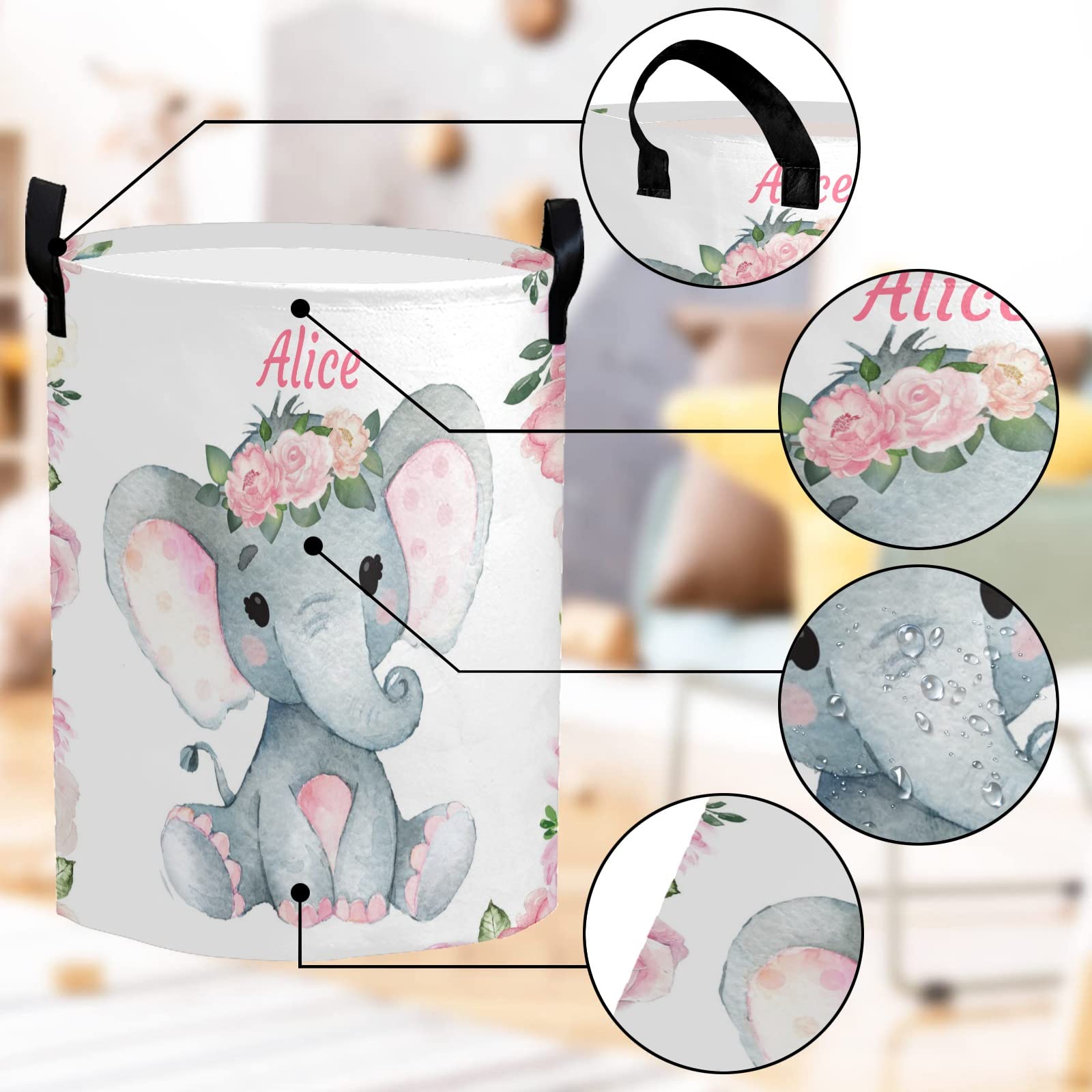 zaaprintblanket Customized Laundry Basket Name Organizer Bin Laundry Hamper with Handle Clothes Hamper for Nursery Clothes Toys Decor(Pink Florals Baby Elephant)