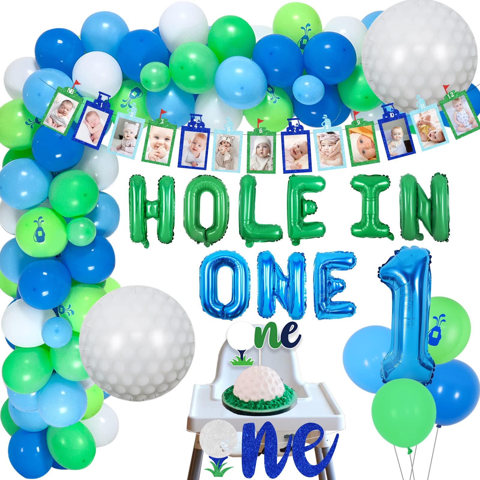 Sursurprise Golf 1st Birthday Decorations, Hole In One Balloon Garland Arch Kit, Golf Photo Banner, One High Chair Banner for Boys First Birthday, Sports Theme Party Supplies