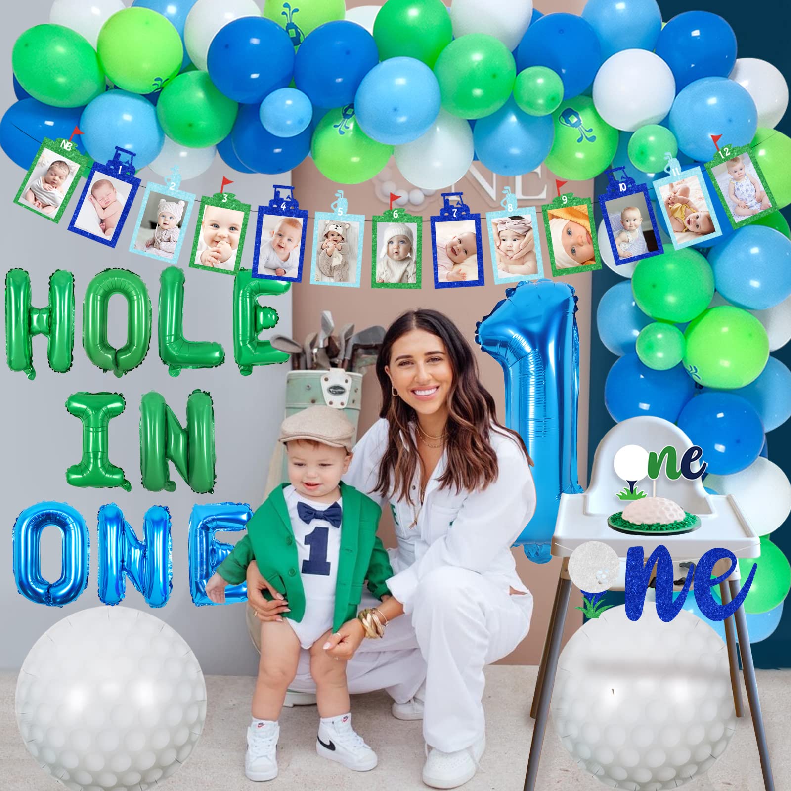 Sursurprise Golf 1st Birthday Decorations, Hole In One Balloon Garland Arch Kit, Golf Photo Banner, One High Chair Banner for Boys First Birthday, Sports Theme Party Supplies