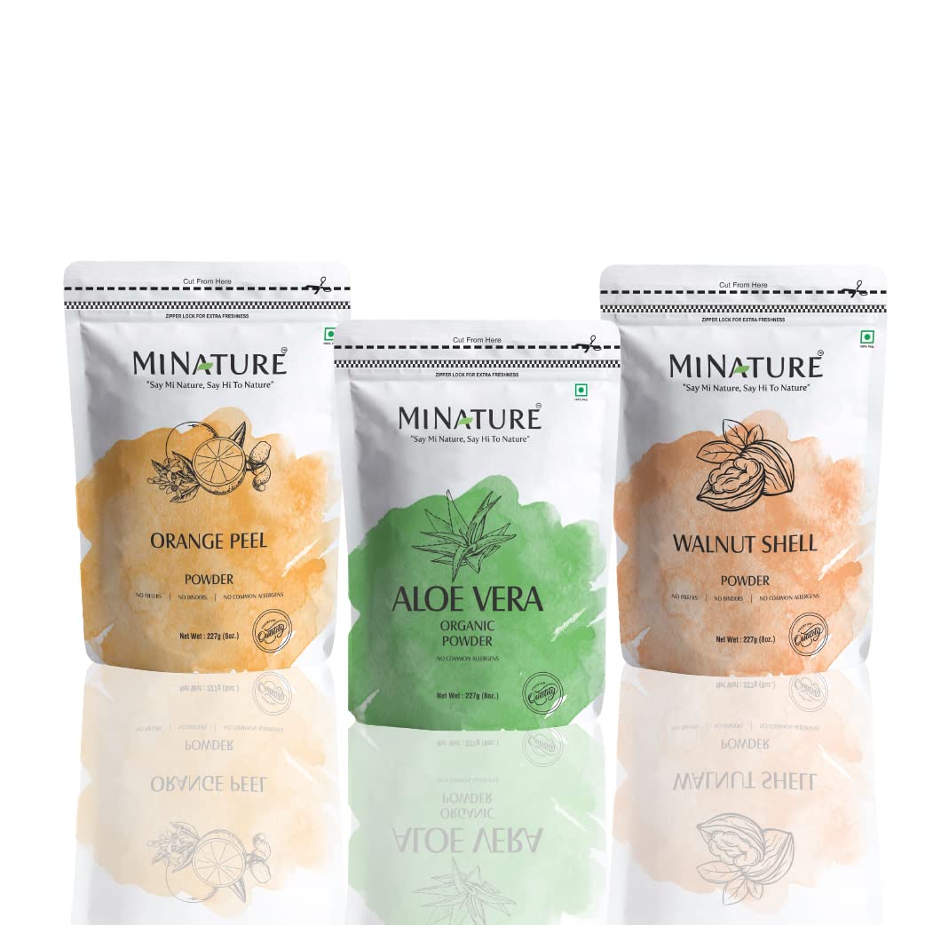 minature Combo of Three- Aloe Vera Powder, Orange Peel Powder and Walnut Shell Powder - Skin Care - 227 g Each