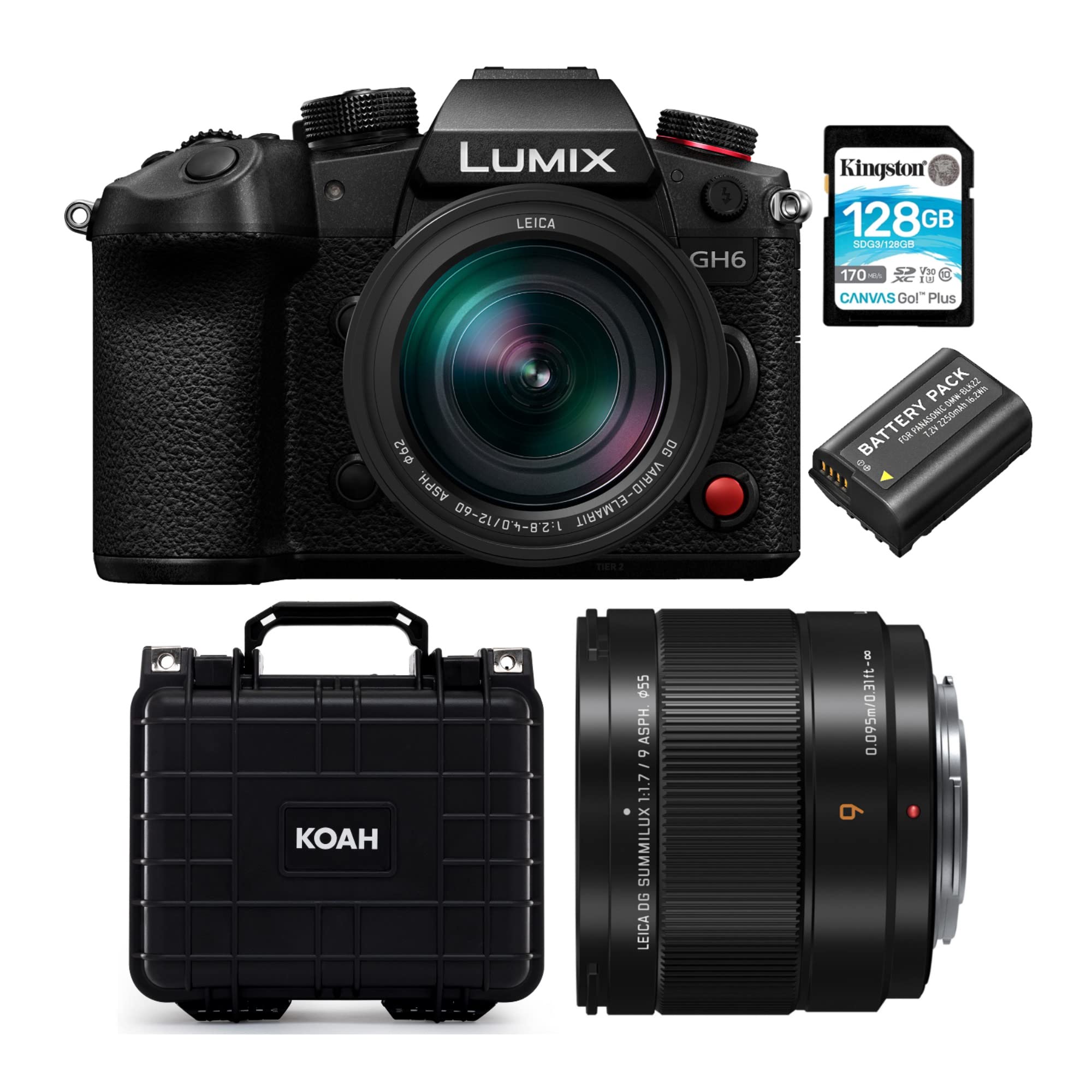 Panasonic Lumix GH6 Mirrorless Camera with 12-60mm f/2.8-4 Lens Bundle with H-X09 9mm f/1.7 Leica SUMMILUX Lens, Weatherproof Hard Case, 128GB Memory Card and Battery (5 Items)