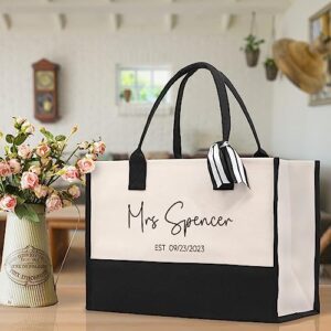 VANESSA ROSELLA Mrs. Last Name Est Year Tote Bag Personalized Date Wedding Tote Bridal Shower Gift Honeymoon Gift Customized Wedding Gift Bridesmaid Gift (Black, Name and Year)