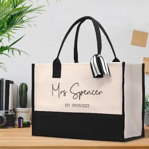 VANESSA ROSELLA Mrs. Last Name Est Year Tote Bag Personalized Date Wedding Tote Bridal Shower Gift Honeymoon Gift Customized Wedding Gift Bridesmaid Gift (Black, Name and Year)