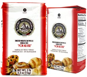 molino dallagiovanna italian enriched unbleached all purpose 00 flour all purpose, all use high protein for bread, pastries, pizza dough 1 kilo size (2 pack) 4.4 lbs