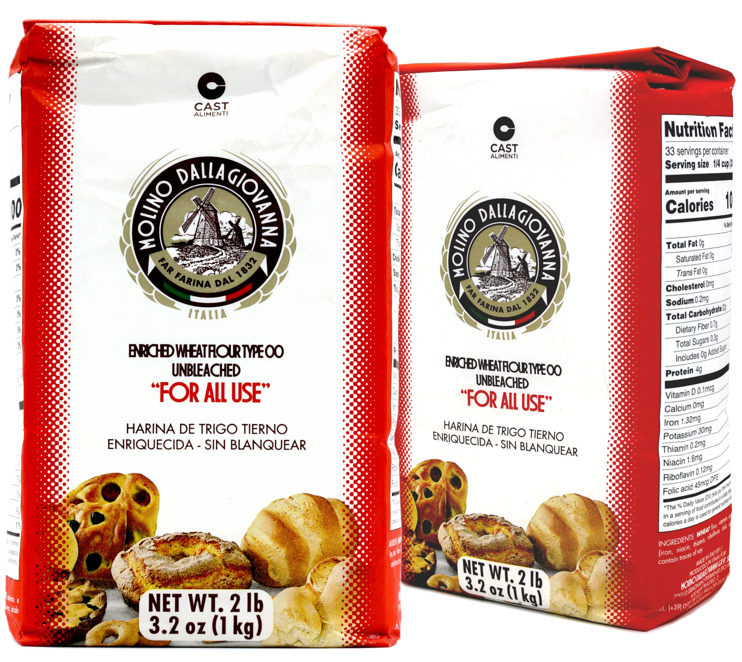 Molino DallaGiovanna Italian Enriched Unbleached All Purpose 00 Flour All Purpose, All Use high protein for Bread, Pastries, Pizza dough 1 Kilo Size (2 pack) 4.4 lbs