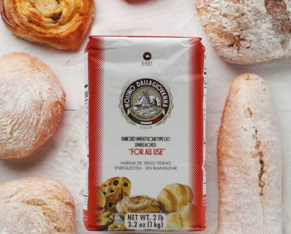 Molino DallaGiovanna Italian Enriched Unbleached All Purpose 00 Flour All Purpose, All Use high protein for Bread, Pastries, Pizza dough 1 Kilo Size (2 pack) 4.4 lbs