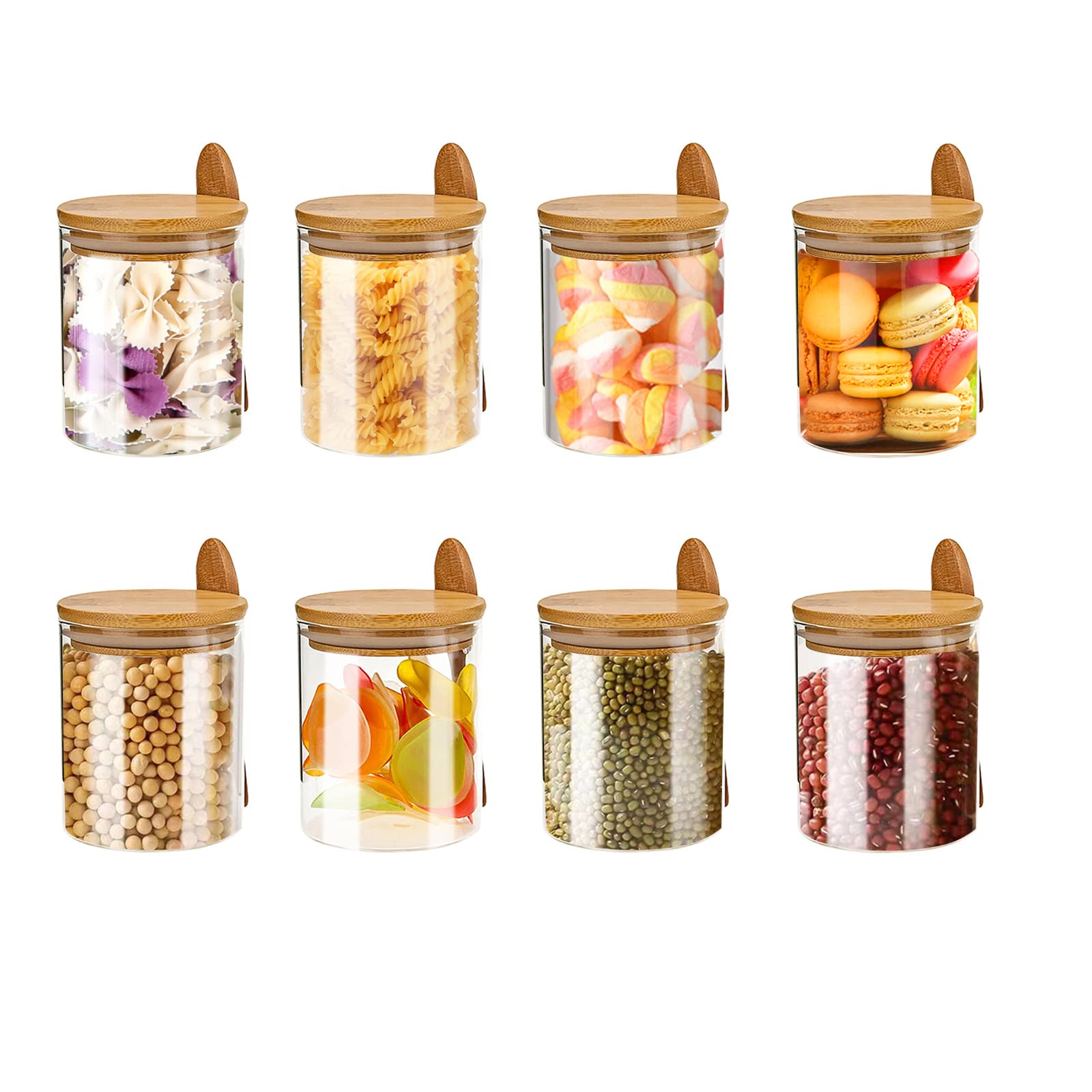 NEPIVEL 8 Pack Glass Jar with Bamboo Lids, 8Oz Glass Containers with Airtight Bamboo Lid and Spoons,100% Sealed Glass Spice Jars for Candy Coffee Beans Sugar Nuts Cookies, 240ml