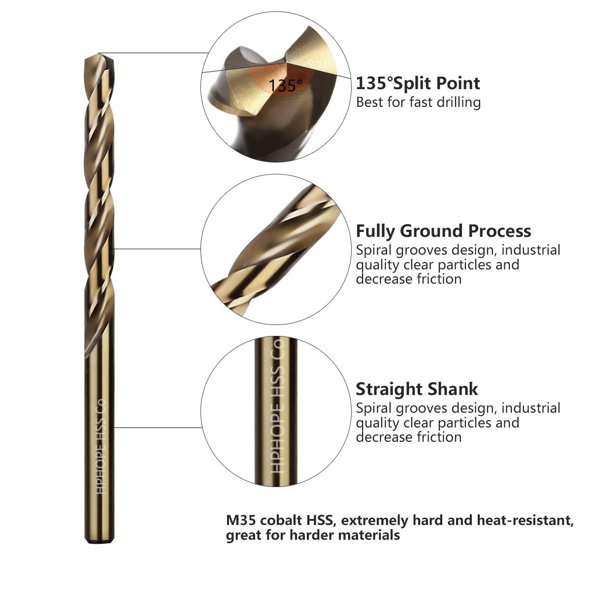 5/16 Inch Cobalt Drill Bits 5Pcs - HPHOPE M35 HSS Metal Twist Drill Bits Set, Jobber Drill Bits Length and Straight Shank, Suitable for Drilling in Hard Metal, Stainless Steel, Cast Iron