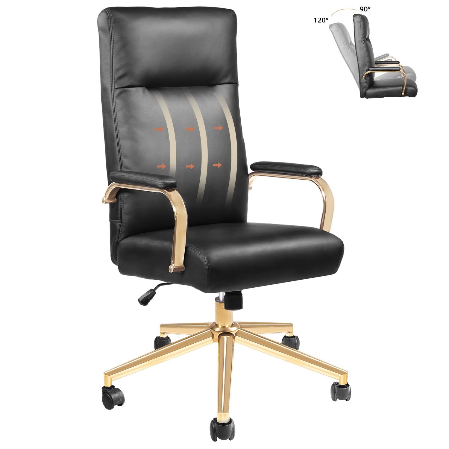 Toszn Comfy Desk Chairs White and Gold,High Back Leather Office Chair with Back Support and Armrest, Ergonomic Compuer Chairs with Wheels and Gold Legs,White