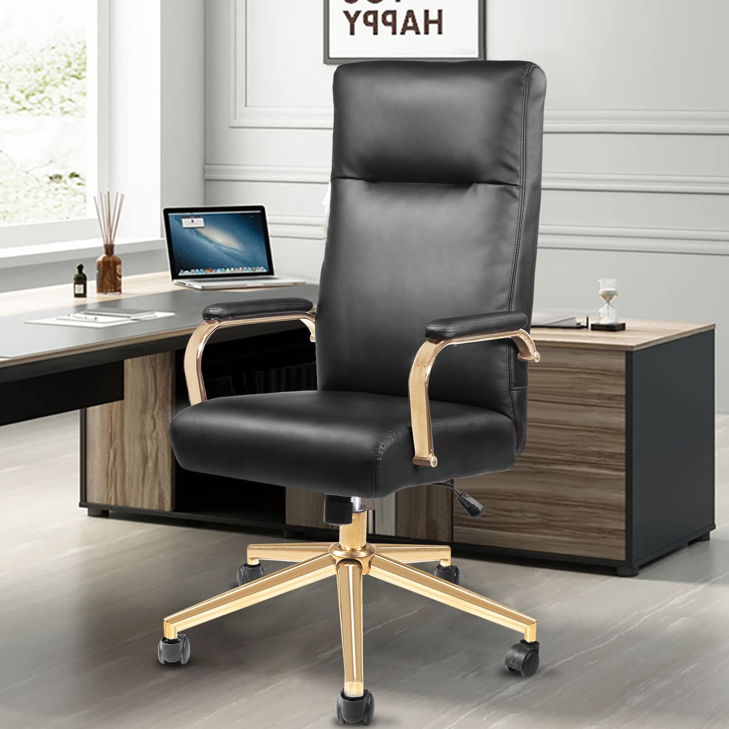 Toszn Comfy Desk Chairs White and Gold,High Back Leather Office Chair with Back Support and Armrest, Ergonomic Compuer Chairs with Wheels and Gold Legs,White