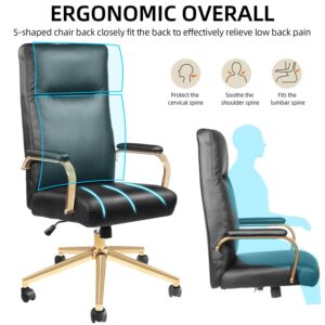 Toszn Comfy Desk Chairs White and Gold,High Back Leather Office Chair with Back Support and Armrest, Ergonomic Compuer Chairs with Wheels and Gold Legs,White