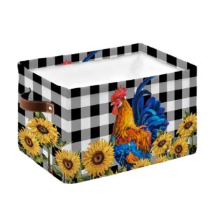 Storage Bins, Farm Rooster Sunflower Black and White Buffalo Plaid Storage Baskets for Organizing Closet Shelves Clothes Decorative Fabric Baskets Large Storage Cubes with Handles