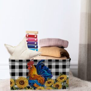 Storage Bins, Farm Rooster Sunflower Black and White Buffalo Plaid Storage Baskets for Organizing Closet Shelves Clothes Decorative Fabric Baskets Large Storage Cubes with Handles