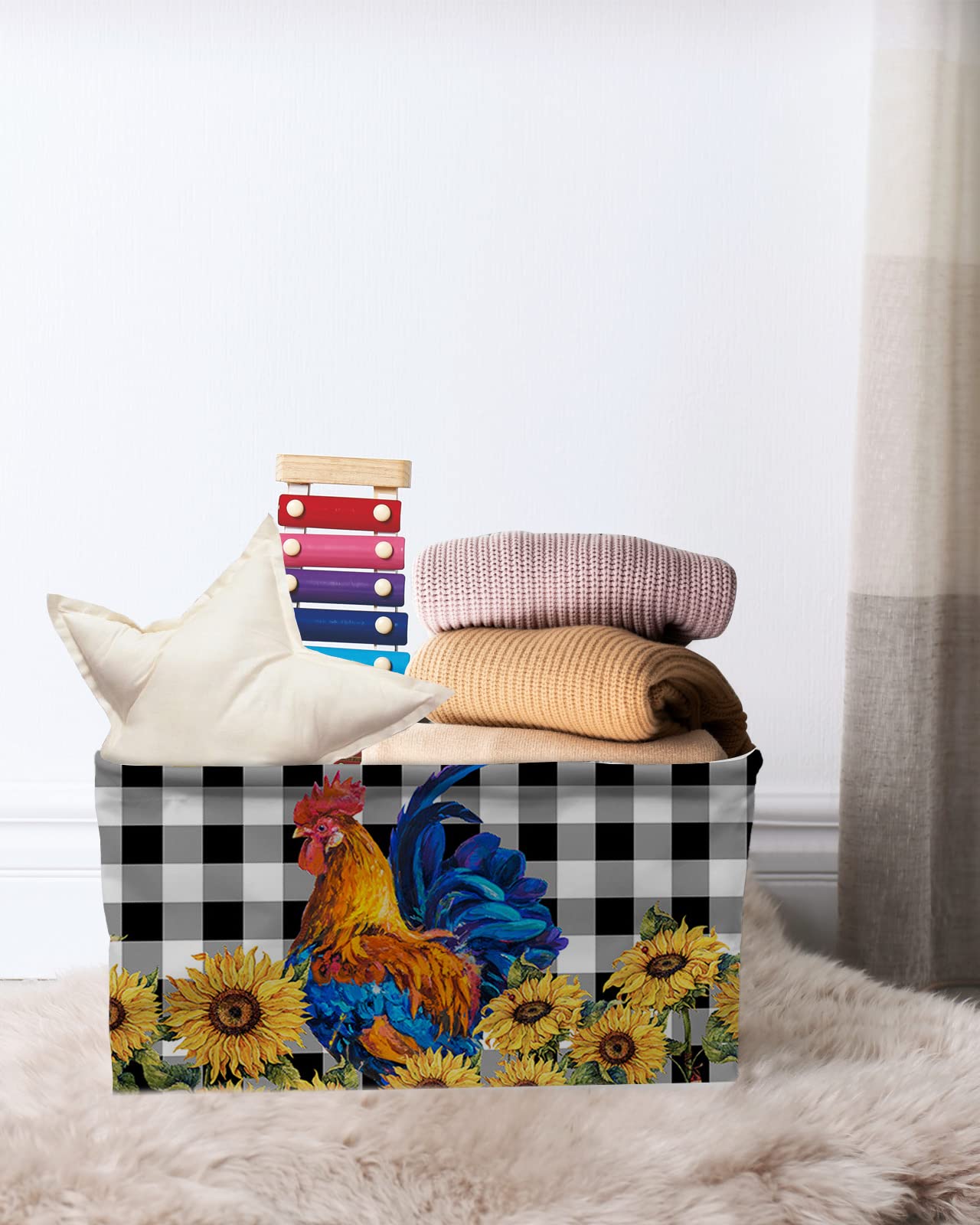 Storage Bins, Farm Rooster Sunflower Black and White Buffalo Plaid Storage Baskets for Organizing Closet Shelves Clothes Decorative Fabric Baskets Large Storage Cubes with Handles