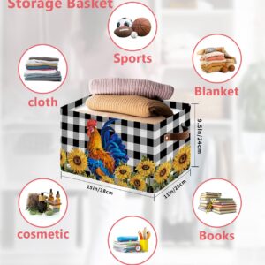 Storage Bins, Farm Rooster Sunflower Black and White Buffalo Plaid Storage Baskets for Organizing Closet Shelves Clothes Decorative Fabric Baskets Large Storage Cubes with Handles