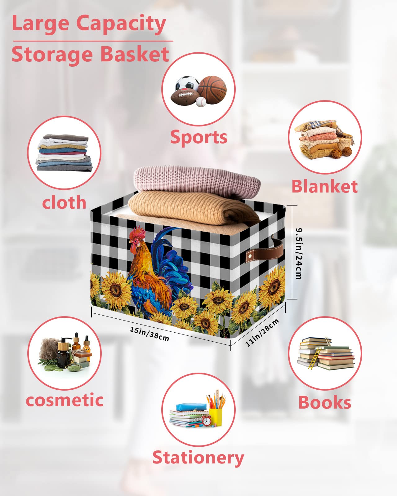 Storage Bins, Farm Rooster Sunflower Black and White Buffalo Plaid Storage Baskets for Organizing Closet Shelves Clothes Decorative Fabric Baskets Large Storage Cubes with Handles