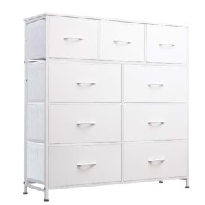 wlive 9-drawer dresser, fabric storage tower for bedroom, hallway, closet, tall chest organizer unit for bedroom with fabric bins, steel frame, wood top, easy pull handle, white