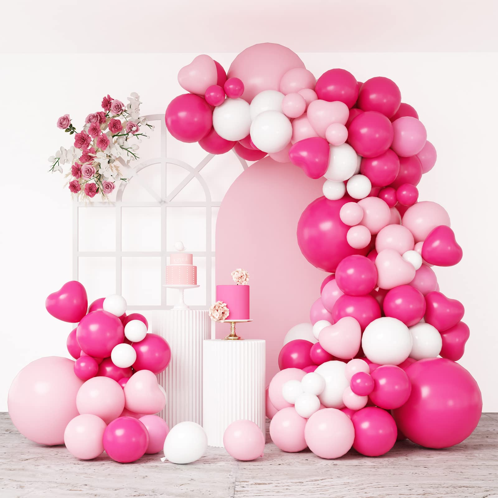 RUBFAC 164pcs Hot Pink Balloons with Heart Shape for Princess Theme Birthday Girl's Party Bridal Shower Wedding Bachelorette Party Decor