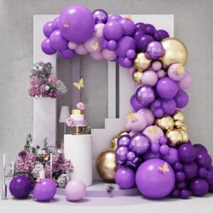 rubfac 134pcs purple balloon garland kit dark purple gold arch lavender light decoration for baby girl princess birthday party supplies