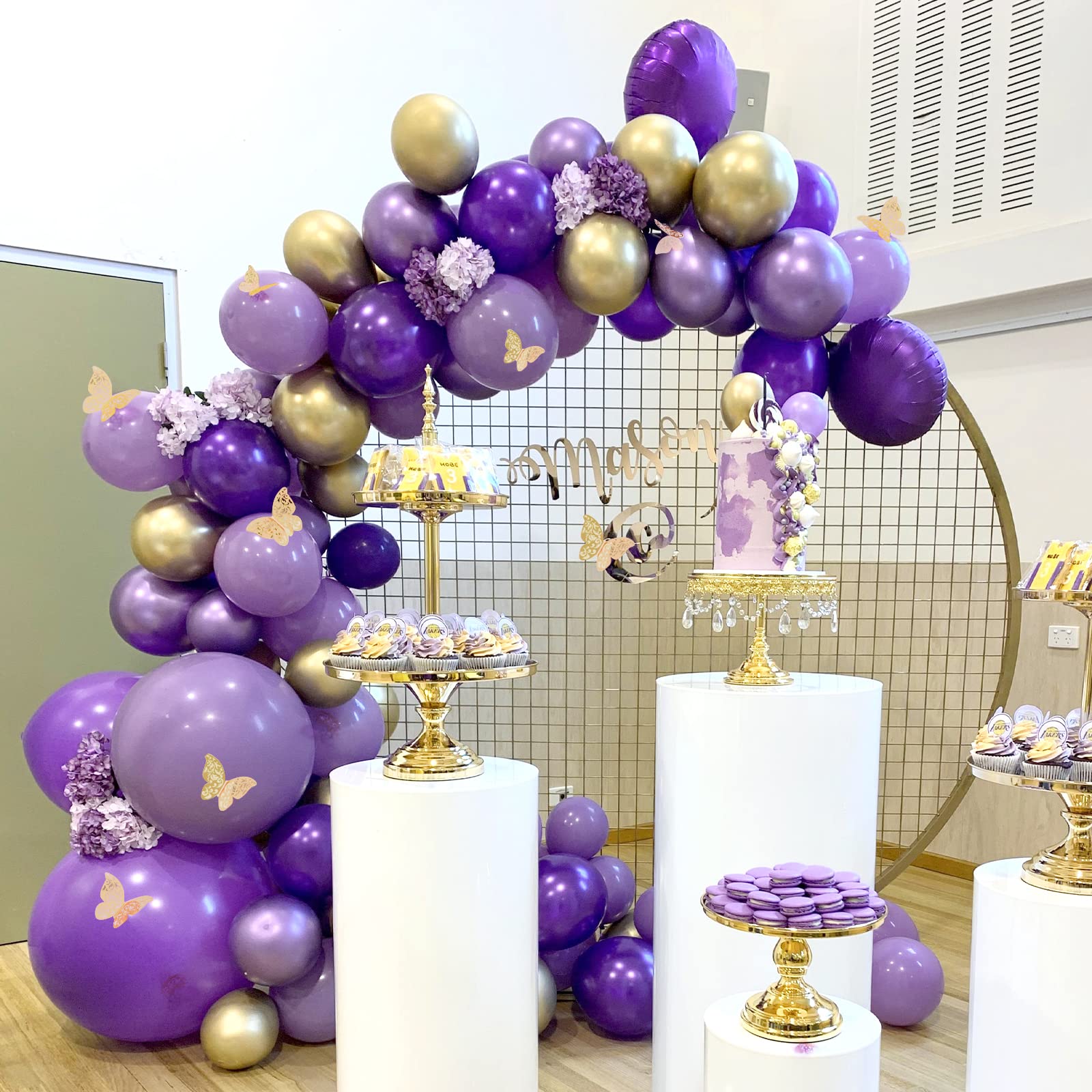 RUBFAC 134pcs Purple Balloon Garland Kit Dark Purple Gold Arch Lavender Light Decoration For Baby Girl Princess Birthday Party Supplies