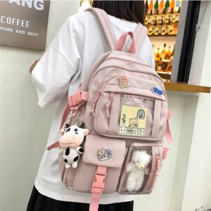 Yoaujeo Kawaii Backpack Lovely Pastel Rucksack for Teen Girls, Cute Aesthetic Bookbag for School with Kawaii Pin and Accessories (Pink)