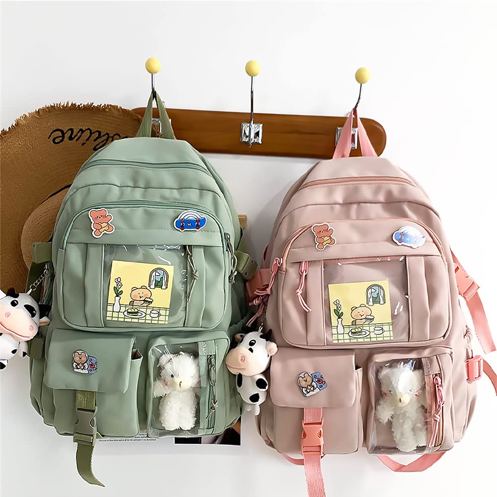 Yoaujeo Kawaii Backpack Lovely Pastel Rucksack for Teen Girls, Cute Aesthetic Bookbag for School with Kawaii Pin and Accessories (Pink)