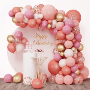 rubfac 147pcs rose gold balloons garland arch kit, 5 10 12 18 inches latex pastel pink metallic gold and white confetti balloons for valentines day wedding bridal baby shower birthday party decoration