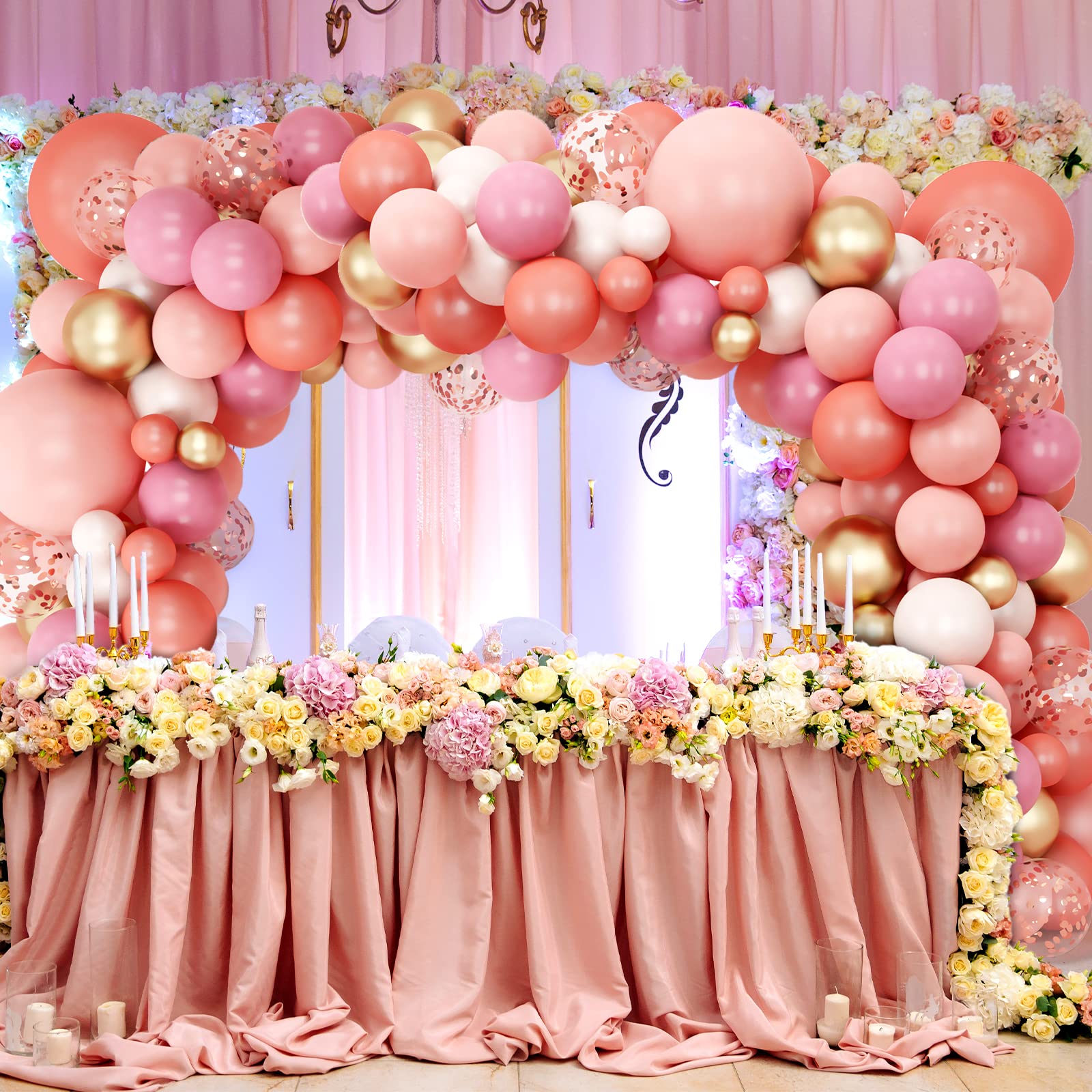 RUBFAC 147pcs Rose Gold Balloons Garland Arch Kit, 5 10 12 18 Inches Latex Pastel Pink Metallic Gold and White Confetti Balloons for Valentines Day Wedding Bridal Baby Shower Birthday Party Decoration