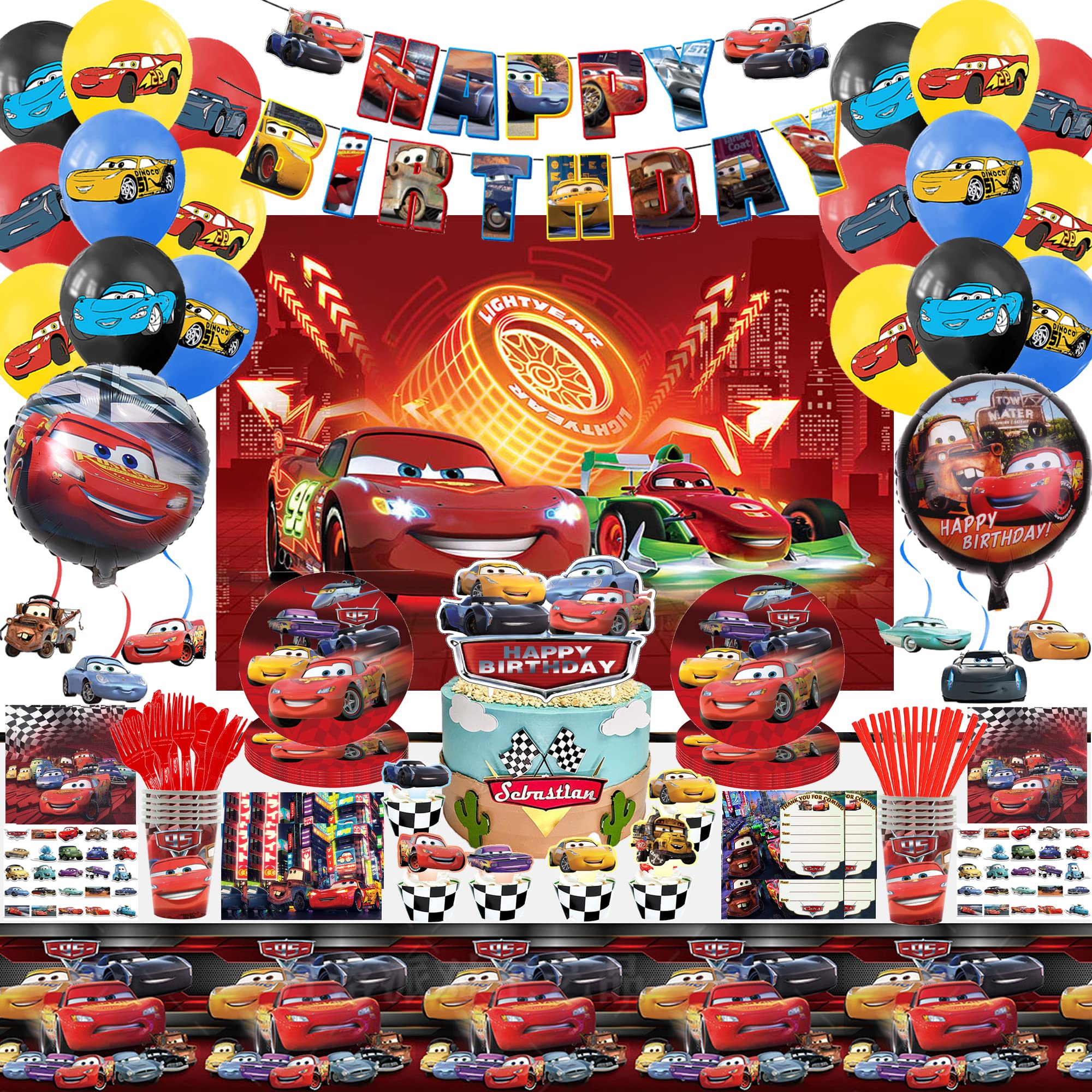 209Pcs Lightning Mcqueen Birthday Party Supplies, Mcqueen birthday Party Decorations, Birthday Decorations included Happy Birthday Banner, Balloons, Backdrop, Cupcake Toppers, stickers, Tableware