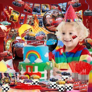 209Pcs Lightning Mcqueen Birthday Party Supplies, Mcqueen birthday Party Decorations, Birthday Decorations included Happy Birthday Banner, Balloons, Backdrop, Cupcake Toppers, stickers, Tableware