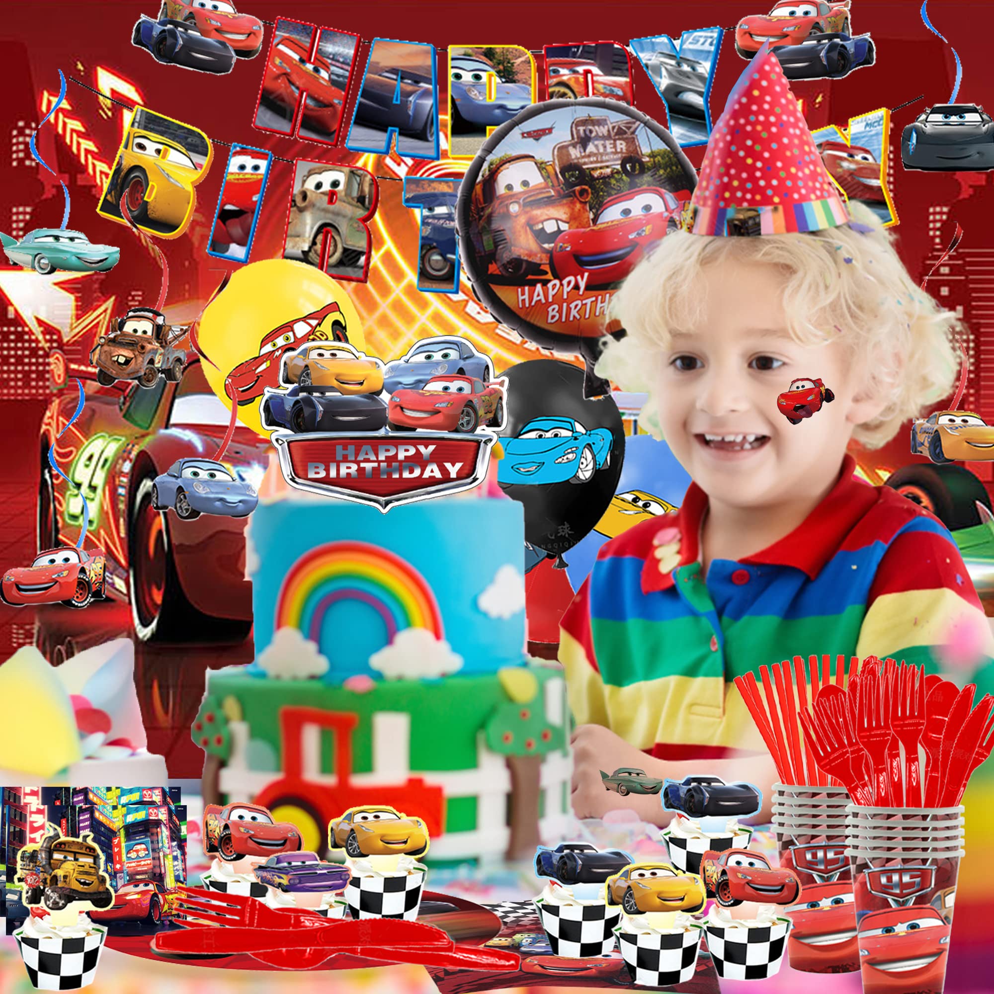 209Pcs Lightning Mcqueen Birthday Party Supplies, Mcqueen birthday Party Decorations, Birthday Decorations included Happy Birthday Banner, Balloons, Backdrop, Cupcake Toppers, stickers, Tableware