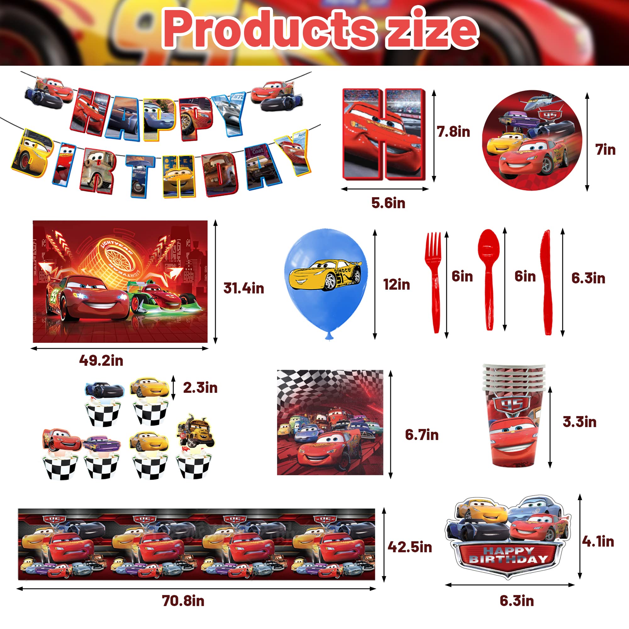 209Pcs Lightning Mcqueen Birthday Party Supplies, Mcqueen birthday Party Decorations, Birthday Decorations included Happy Birthday Banner, Balloons, Backdrop, Cupcake Toppers, stickers, Tableware