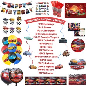 209Pcs Lightning Mcqueen Birthday Party Supplies, Mcqueen birthday Party Decorations, Birthday Decorations included Happy Birthday Banner, Balloons, Backdrop, Cupcake Toppers, stickers, Tableware