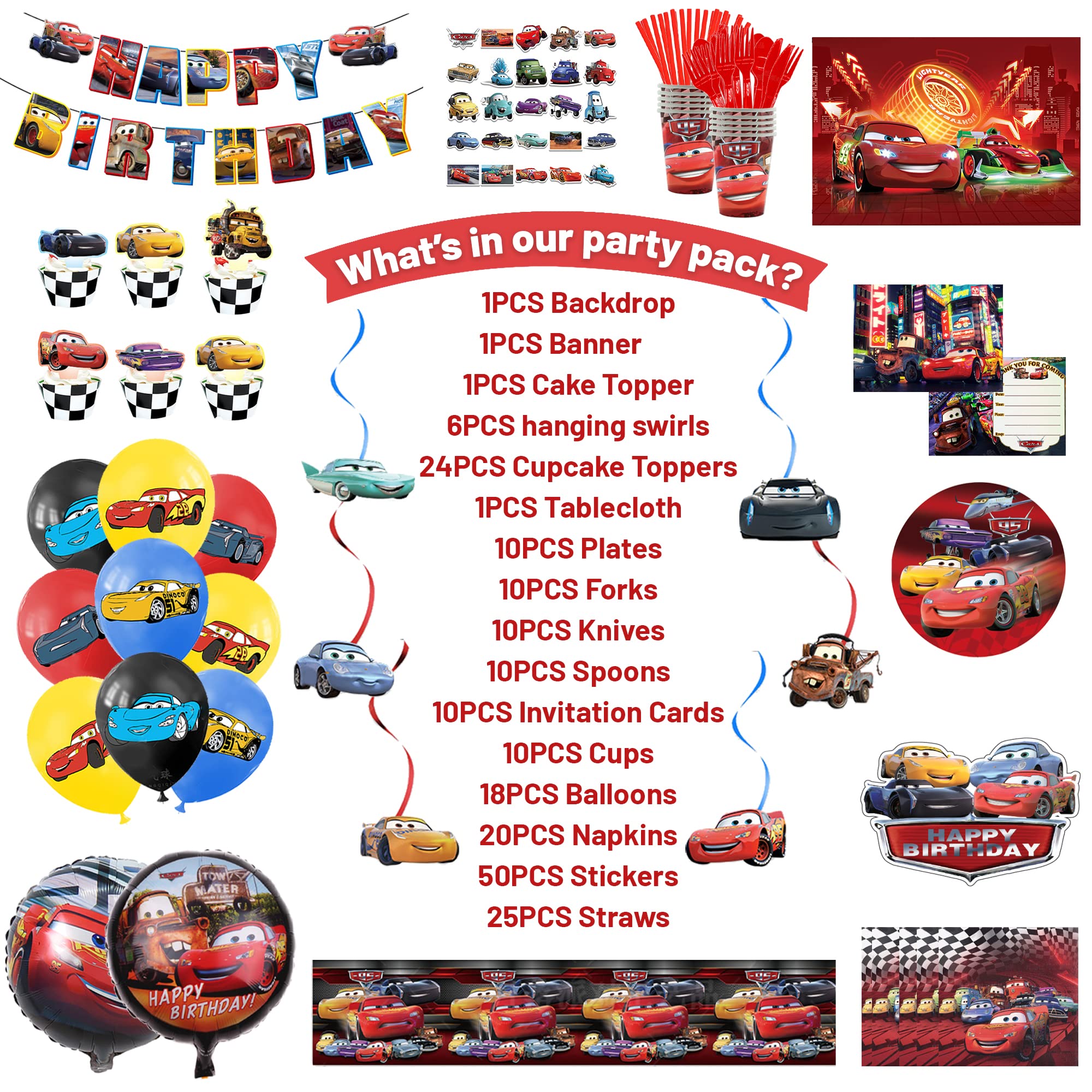 209Pcs Lightning Mcqueen Birthday Party Supplies, Mcqueen birthday Party Decorations, Birthday Decorations included Happy Birthday Banner, Balloons, Backdrop, Cupcake Toppers, stickers, Tableware