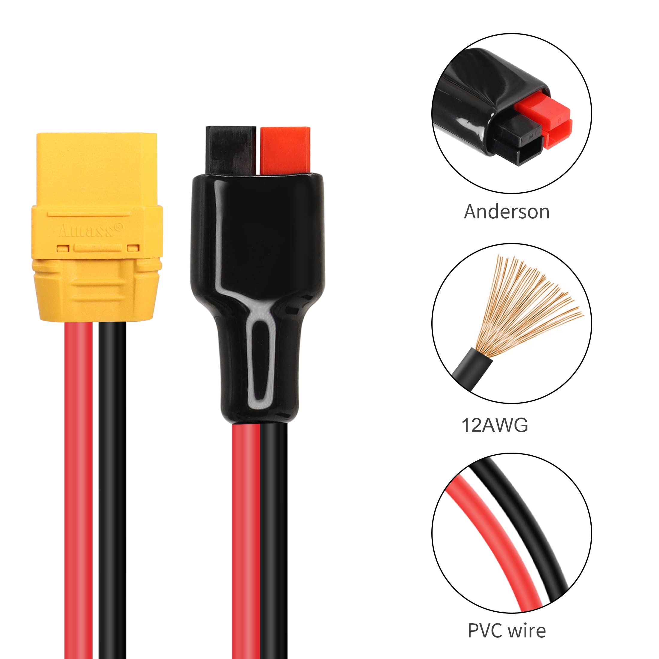 YACSEJAO Solar Connector to XT90 Cable 12AWG 1M XT90 Female to 45A Solar Panel Connector Extension Cord for RC LiPo Battery FPV Outdoor Power Bank