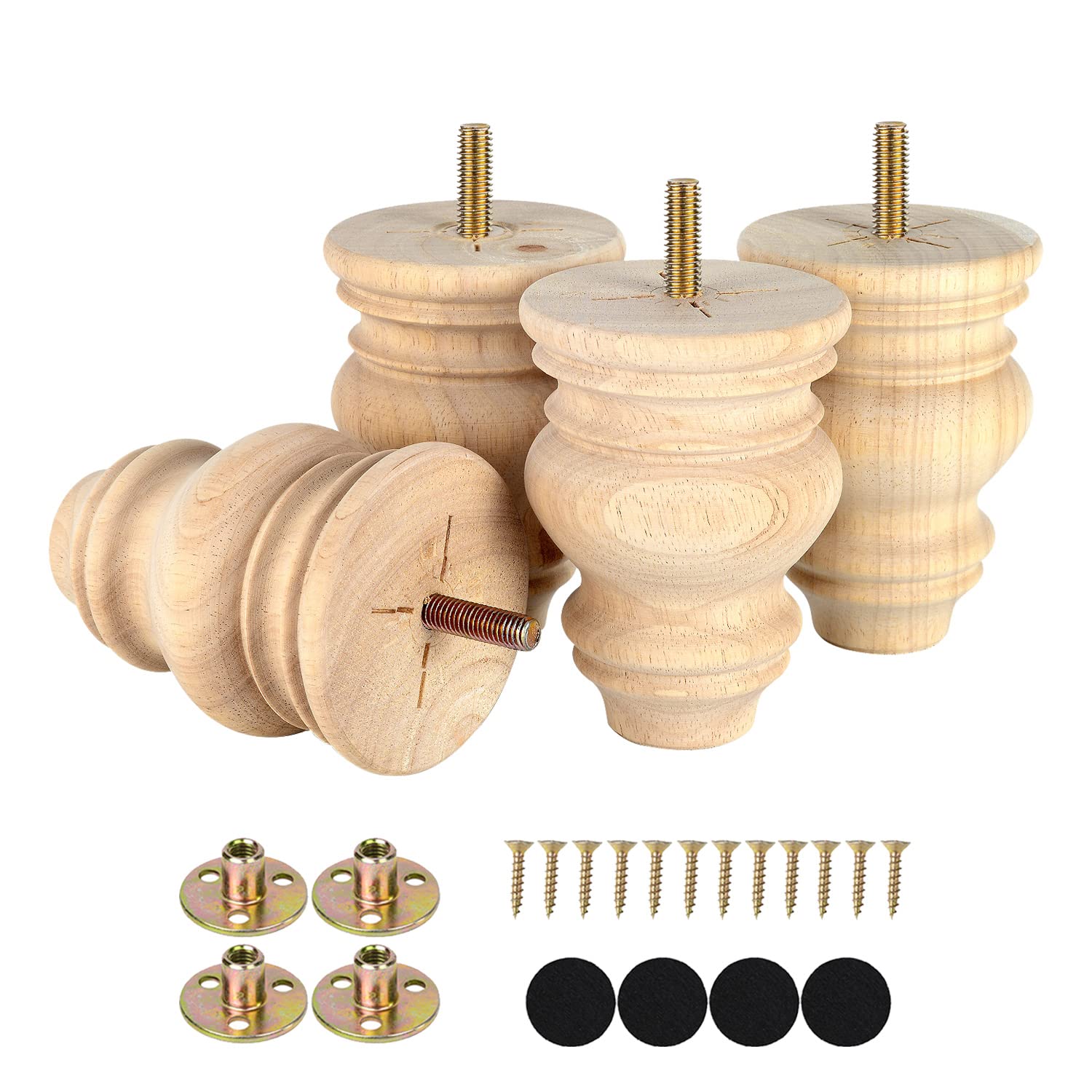 Michanco 4 Inch Unfinished Bun Feet for Couch Sofa Cabinet Ottoman DIY Replacement Wood Furniture Legs Set of 4 M8 Bolt Screw in