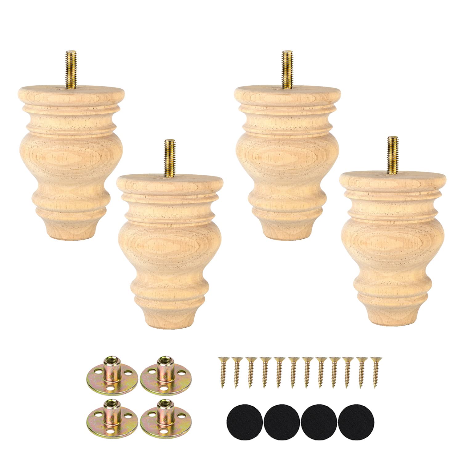 Michanco 4 Inch Unfinished Bun Feet for Couch Sofa Cabinet Ottoman DIY Replacement Wood Furniture Legs Set of 4 M8 Bolt Screw in