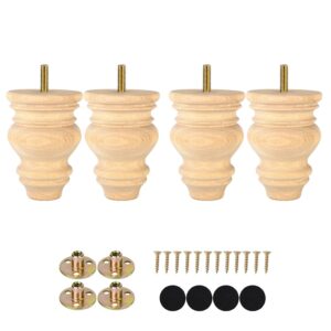 Michanco 4 Inch Unfinished Bun Feet for Couch Sofa Cabinet Ottoman DIY Replacement Wood Furniture Legs Set of 4 M8 Bolt Screw in