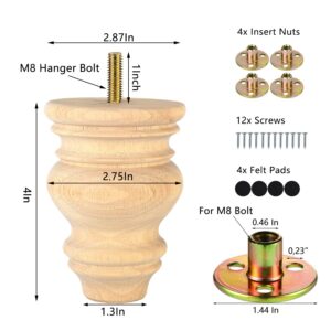 Michanco 4 Inch Unfinished Bun Feet for Couch Sofa Cabinet Ottoman DIY Replacement Wood Furniture Legs Set of 4 M8 Bolt Screw in