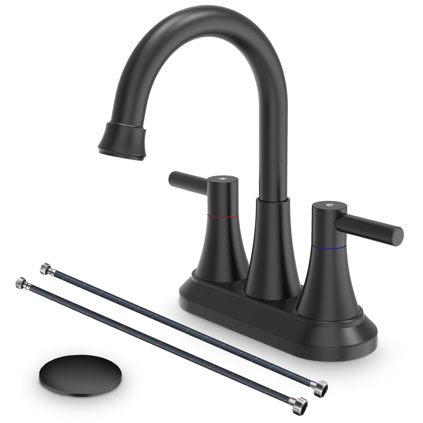 Gomylifer Matte Black Bathroom Sink Faucet with 360° Swivel Spout, Lead-Free Stainless Steel Construction, 3 Hole Centerset 2-Handle Bathroom Faucet with Pop Up Drain and Supply Hoses Included