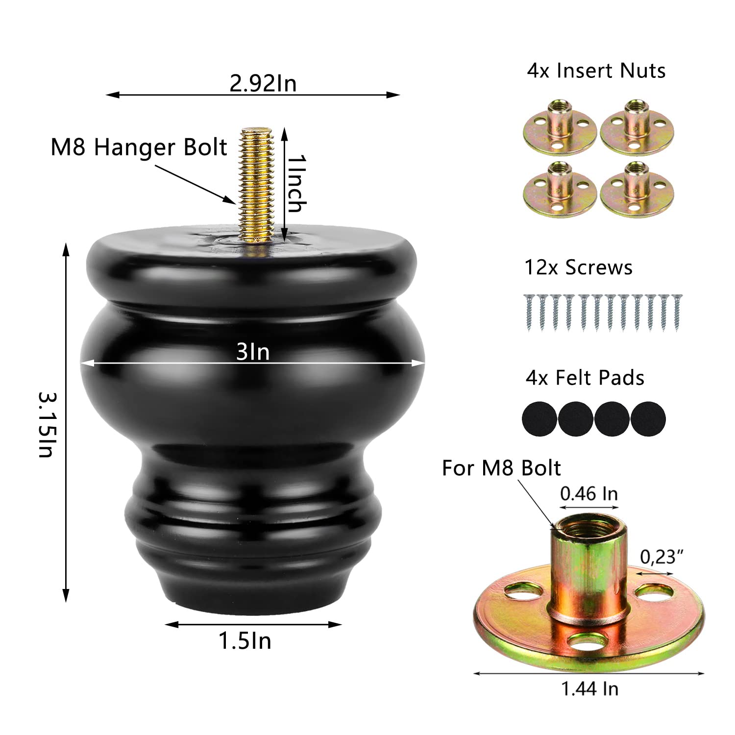 Michanco 3 Inch Wood Furniture Legs Bun Feet for Sofa Couch Ottoman Dresser Set of 4 Solid Round