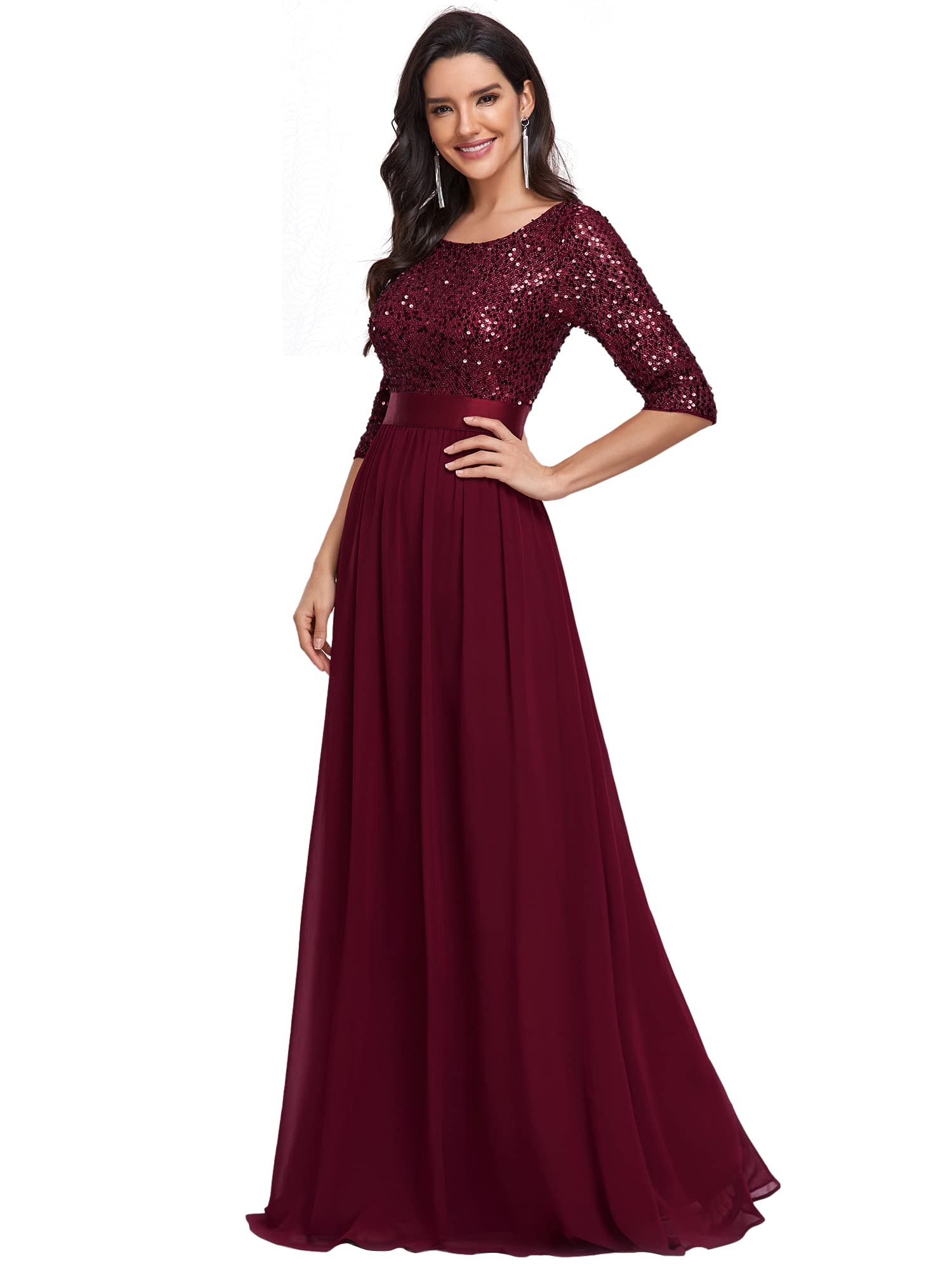 Ever-Pretty Women's Elegant A Line Crew Neck Half Sleeve Sequin Maxi Evening Dress Burgundy US24